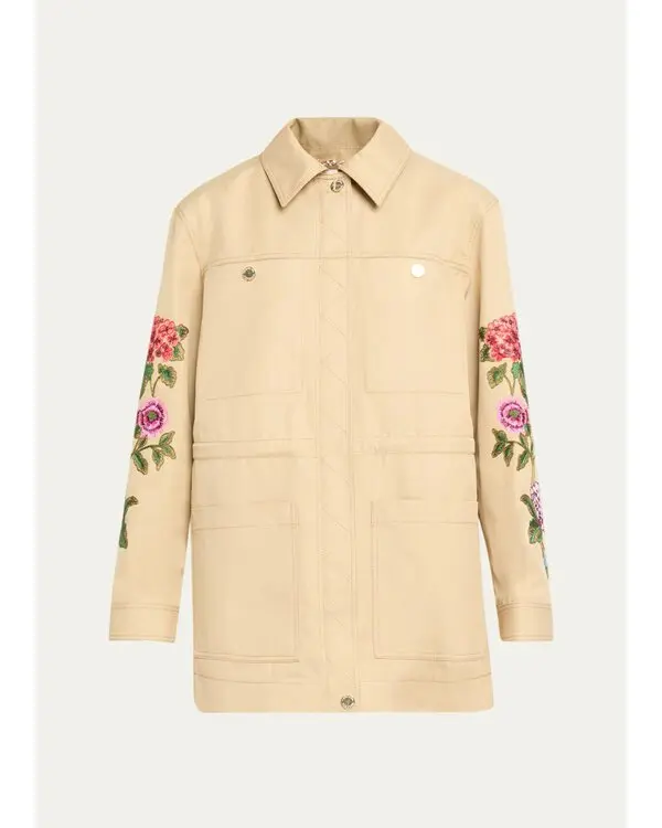 Carolina Herrera Floral Embroidered Cotton Twill Zip Utility Jacket