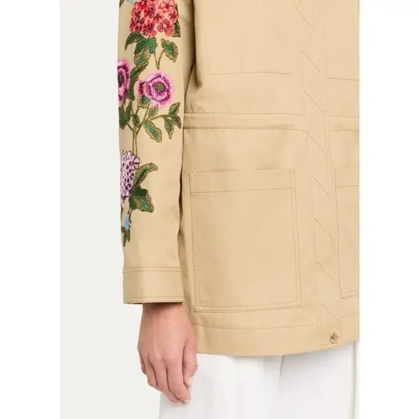 Carolina Herrera Floral Embroidered Cotton Twill Zip Utility Jacket