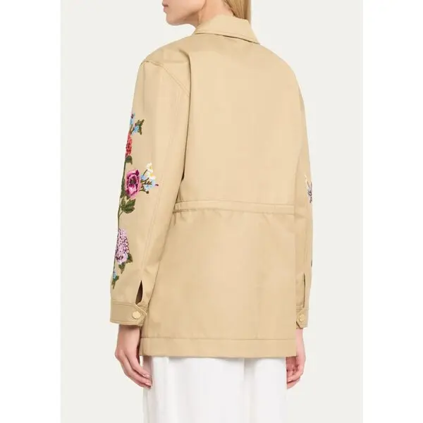 Carolina Herrera Floral Embroidered Cotton Twill Zip Utility Jacket
