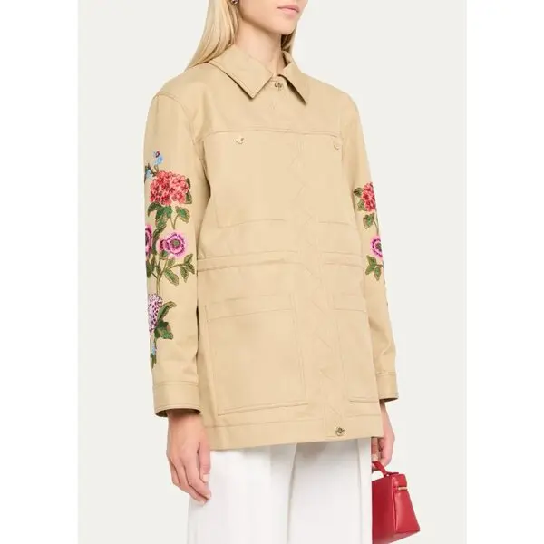 Carolina Herrera Floral Embroidered Cotton Twill Zip Utility Jacket