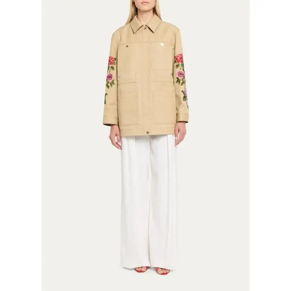 Carolina Herrera Floral Embroidered Cotton Twill Zip Utility Jacket