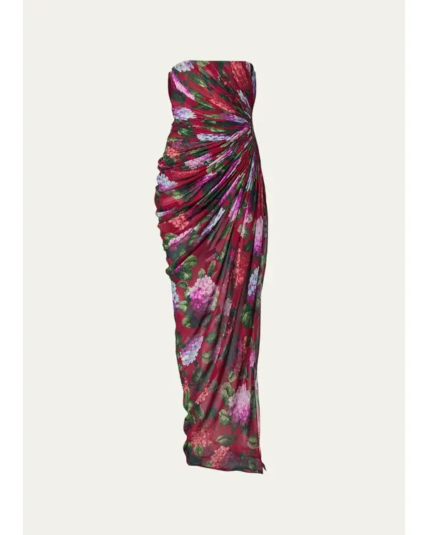 Carolina Herrera Strapless Floral Silk Chiffon Draped Slit Gown - Cranberry Multi