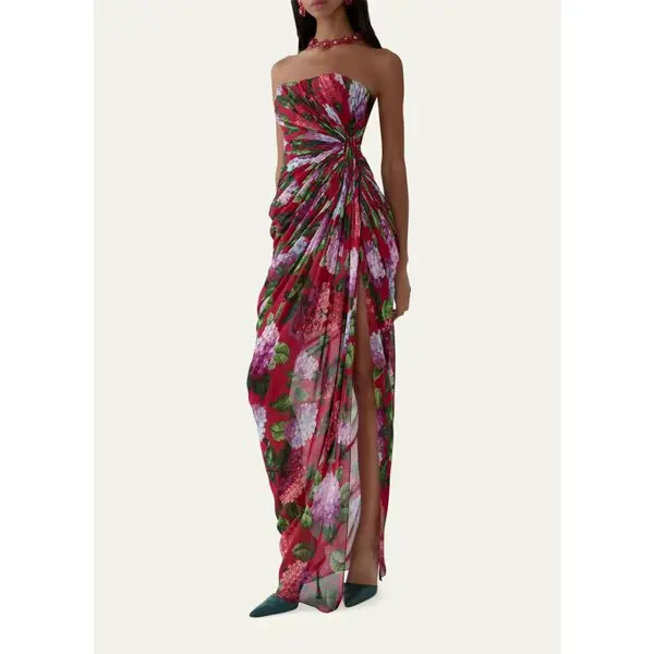Carolina Herrera Strapless Floral Silk Chiffon Draped Slit Gown - Cranberry Multi