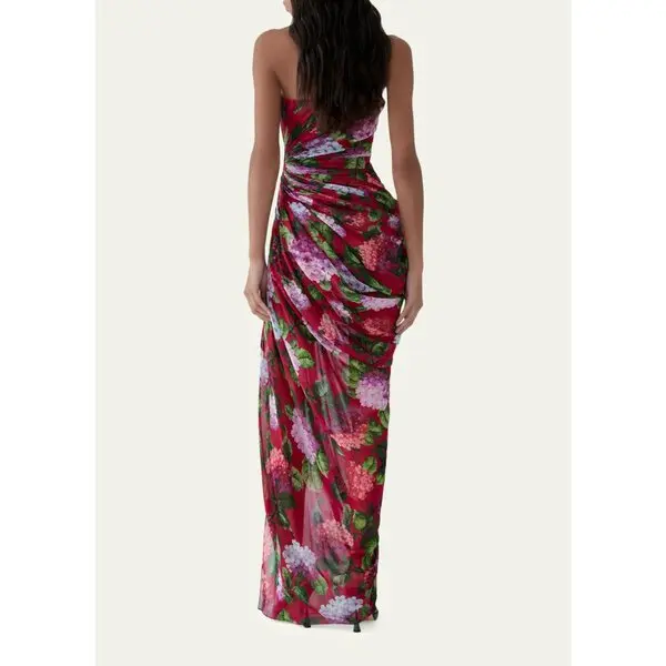 Carolina Herrera Strapless Floral Silk Chiffon Draped Slit Gown - Cranberry Multi