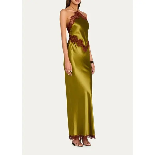 Retrofete Everly Lace-trim Satin Halter Dress - Basil/cigar