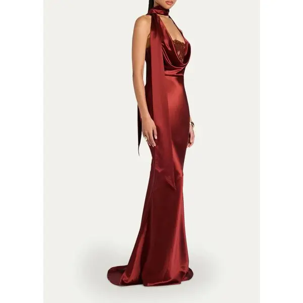 Retrofete Melly Satin Lace-trim Scarf Gown - Cigar