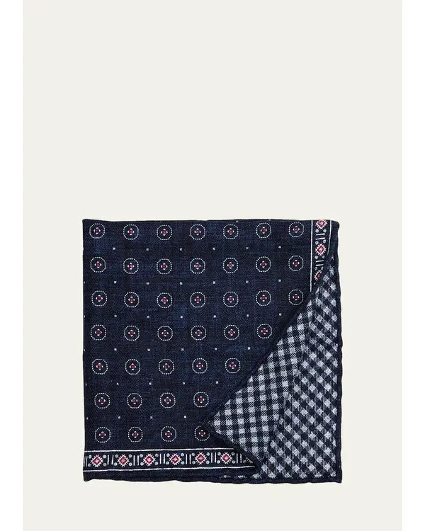 Brunello Cucinelli Double-face Geometric-check Silk Pocket Square - Navy