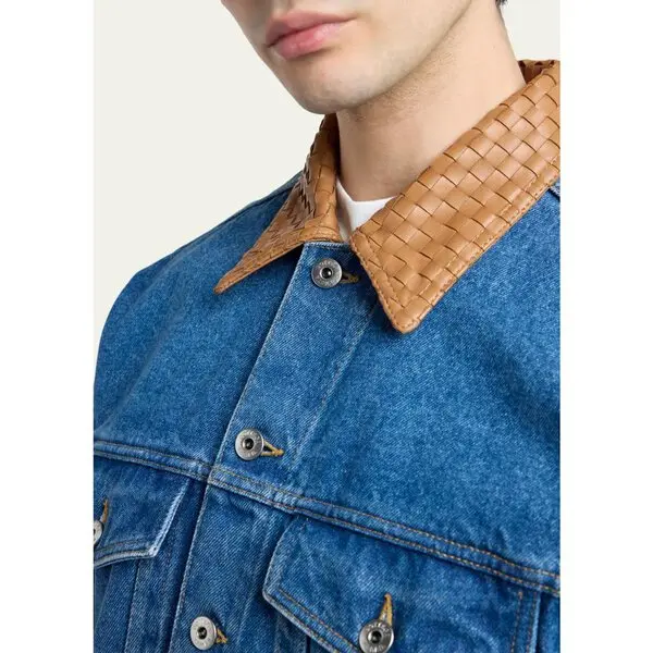 Bottega Veneta Intrecciato-leather Collar Denim Jacket
