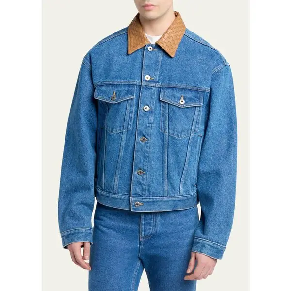 Bottega Veneta Intrecciato-leather Collar Denim Jacket