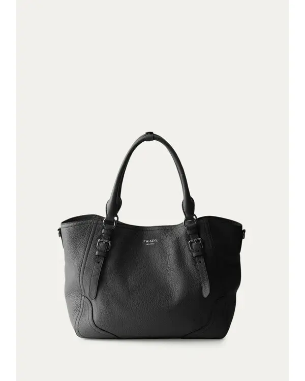 Prada Cervo Large Grain Leather Tote Bag - Nero