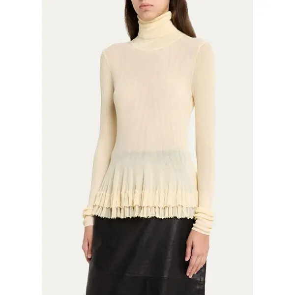 ASHLYN Meritt Turtleneck Sheer Rib Tiered Ruffle Sweater - Cream