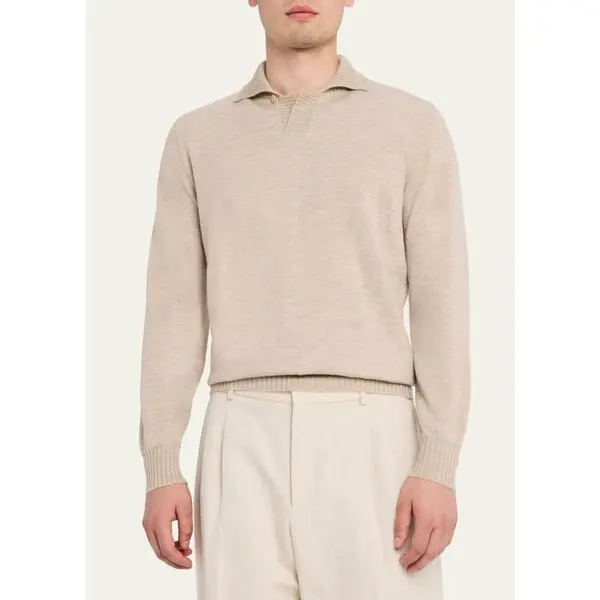 Fioroni Duvet Cashmere Johnny-collar Long-sleeve Polo Shirt