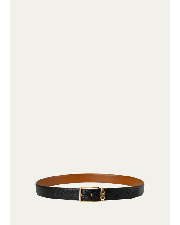 FERRAGAMO Reversible Hammered Calfskin Gancini-loop Belt