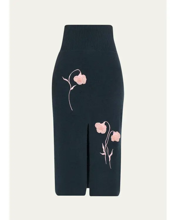 Erdem Embroidered Wool Knit Midi Pencil Skirt - Forest Green