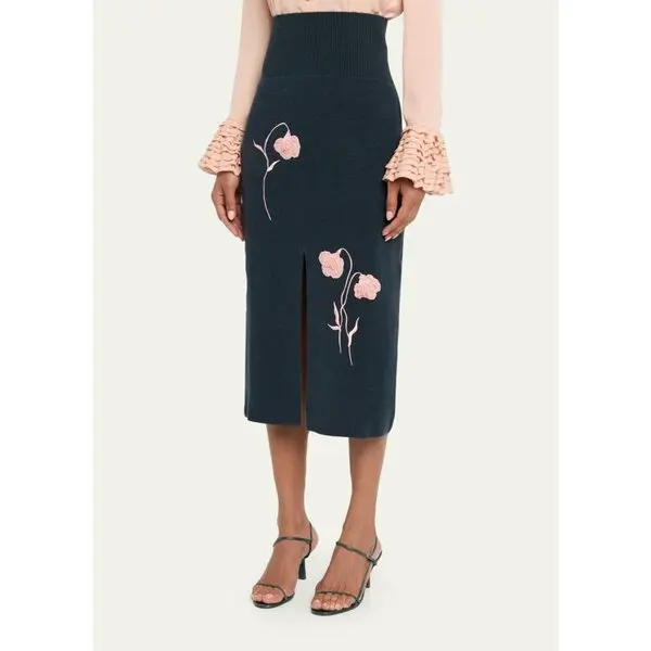 Erdem Embroidered Wool Knit Midi Pencil Skirt