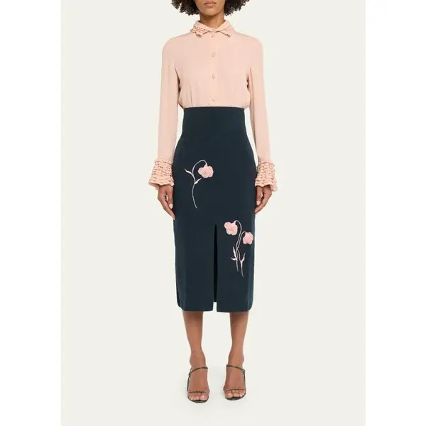 Erdem Embroidered Wool Knit Midi Pencil Skirt