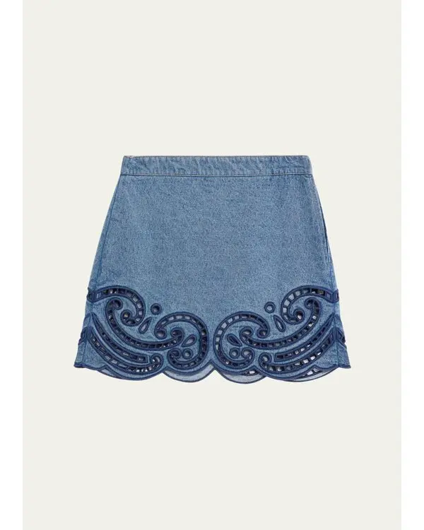 Ulla Johnson Cadiz Embroidered Denim Mini Skirt