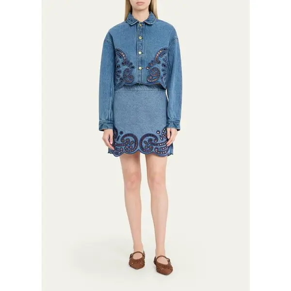 Ulla Johnson Cadiz Embroidered Denim Mini Skirt