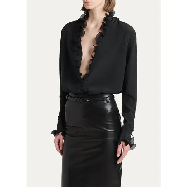 TOM FORD Silk Crepe De Chine Ruffle Plunging-neck Blouse