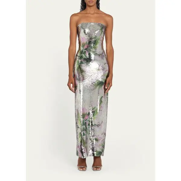 Monique Lhuillier Floral-print Sequined Strapless Column Gown