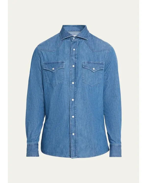 Brunello Cucinelli Denim Flap-pocket Western Sport Shirt