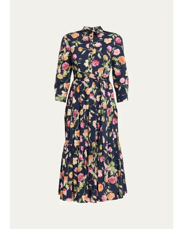 Carolina Herrera Belted 3/4-sleeve Floral Cotton Midi Shirt Dress - Midnight