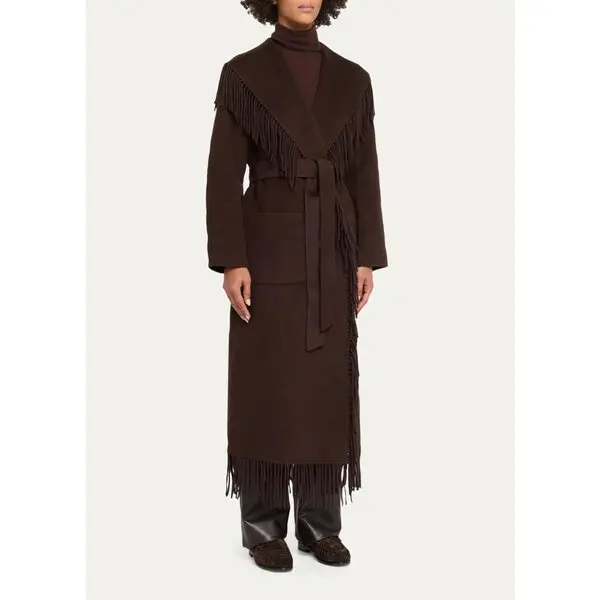 Simkhai Carrie Fringe Wool Long Coat - Chocolate
