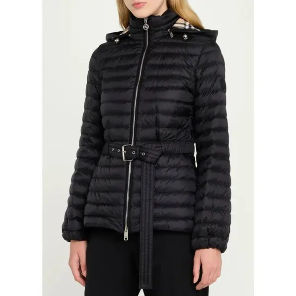 Burberry Amberley Belted Nylon Puffer Jacket With Detachable Collar