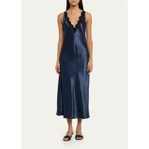 Maria Mcmanus Lace-trim V-neck Satin Midi Slip Dress
