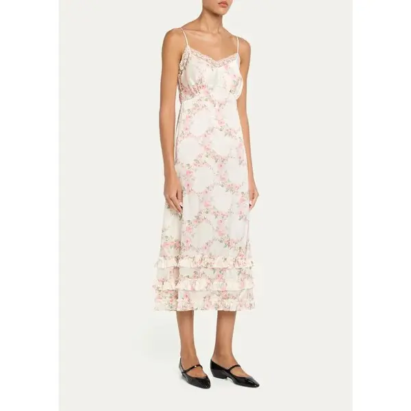 Simone Rocha Floral Satin Tiered Ruffle Midi Slip Dress