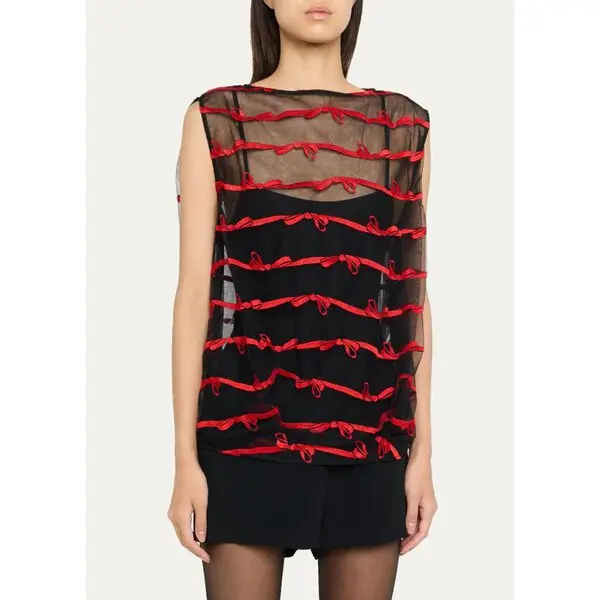 Simone Rocha Bow Embroidered Tulle Boxy Smock Top