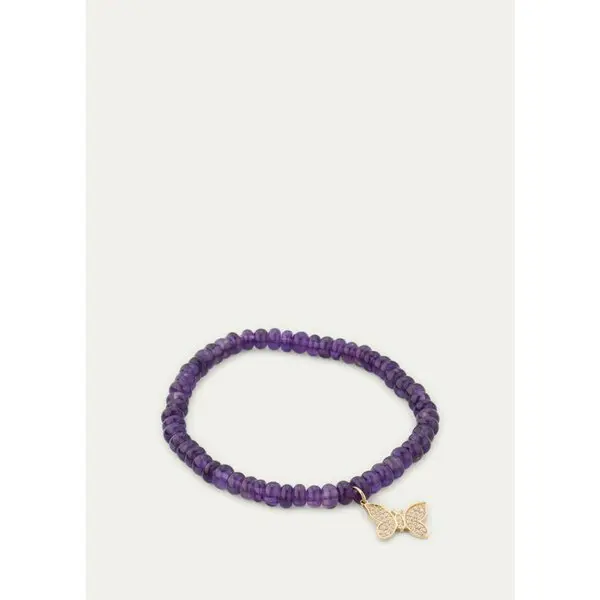 SYDNEY EVAN 14k Mini Diamond Pave Butterfly On Amethyst Stretch Bracelet