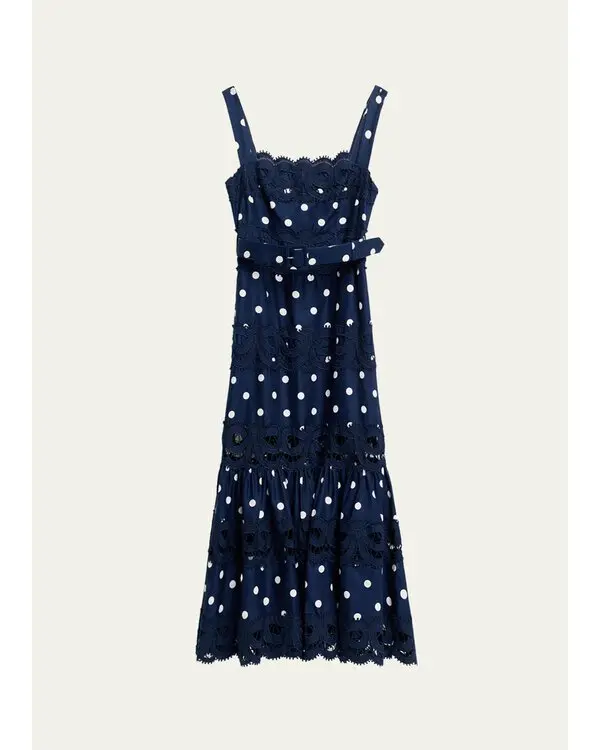 SELF-PORTRAIT Polka Dot Linen Midi Dress