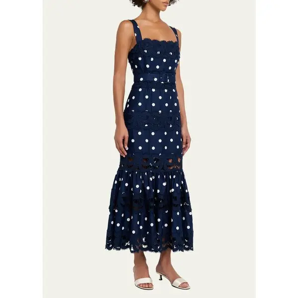 SELF-PORTRAIT Polka Dot Linen Midi Dress