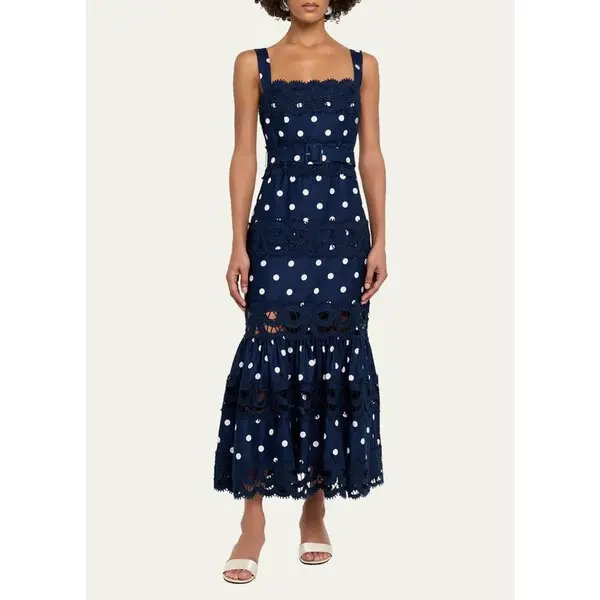 SELF-PORTRAIT Polka Dot Linen Midi Dress