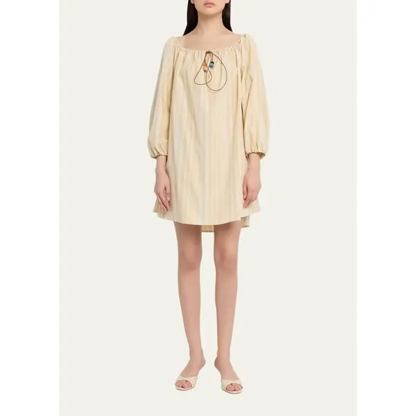 Bernadette Tie-neck Striped Cotton Long-sleeve Mini Dress - Multi Stripe