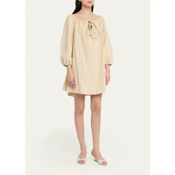 Bernadette Tie-neck Striped Cotton Long-sleeve Mini Dress - Multi Stripe
