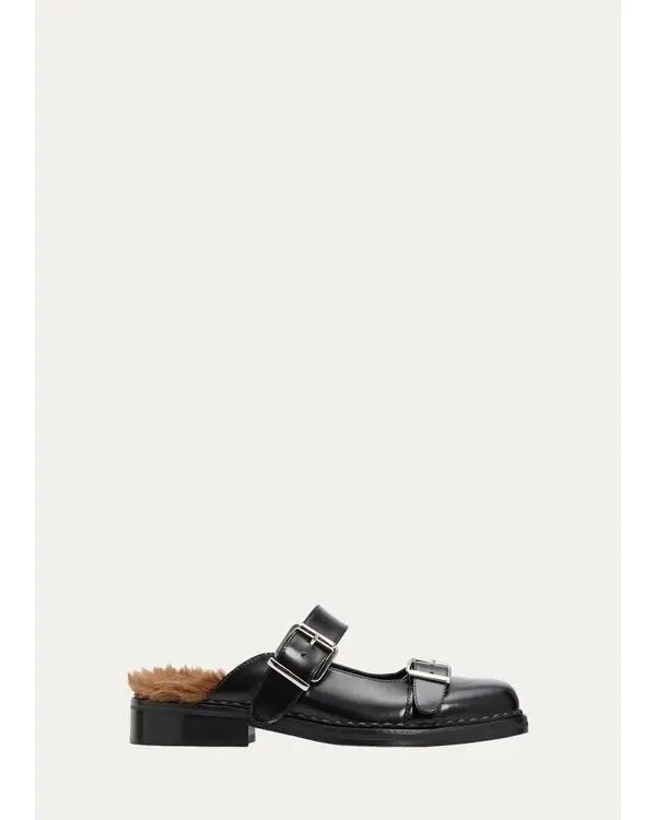 Simone Rocha Faux Fur Lined Leather Mary Jane Mules