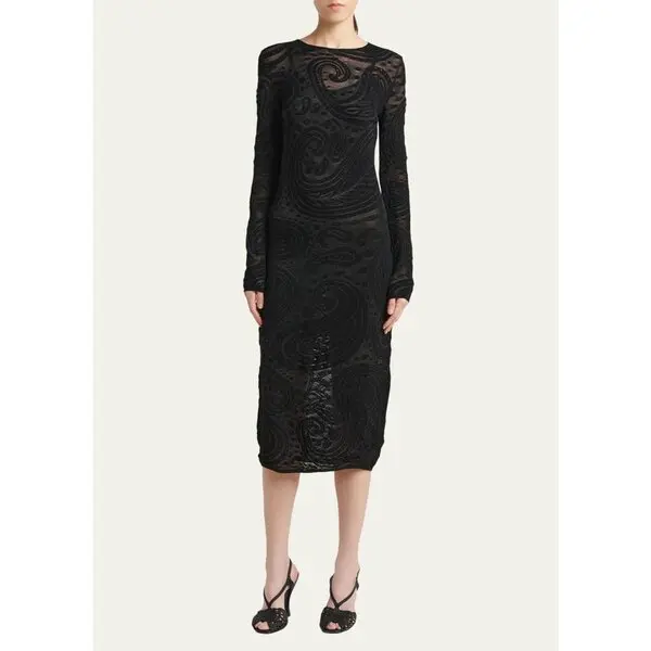 Etro Sheer Paisley Knit Long-sleeve Midi Dress