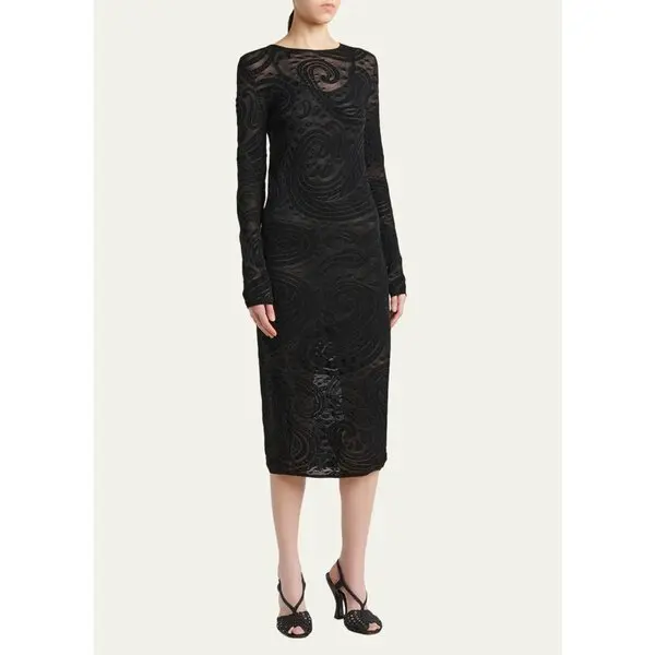 Etro Sheer Paisley Knit Long-sleeve Midi Dress