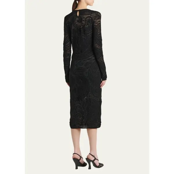 Etro Sheer Paisley Knit Long-sleeve Midi Dress