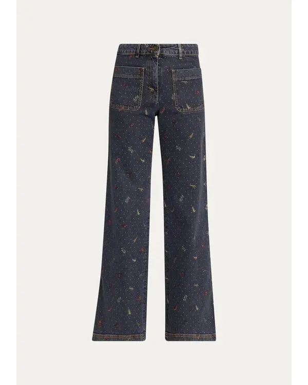 Etro Patch Pocket Polka-dot Denim Wide-leg Jeans