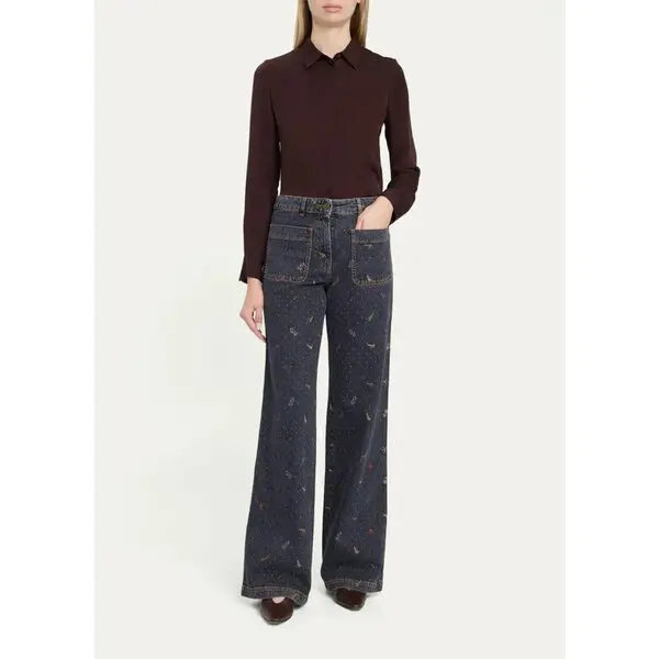 Etro Patch Pocket Polka-dot Denim Wide-leg Jeans