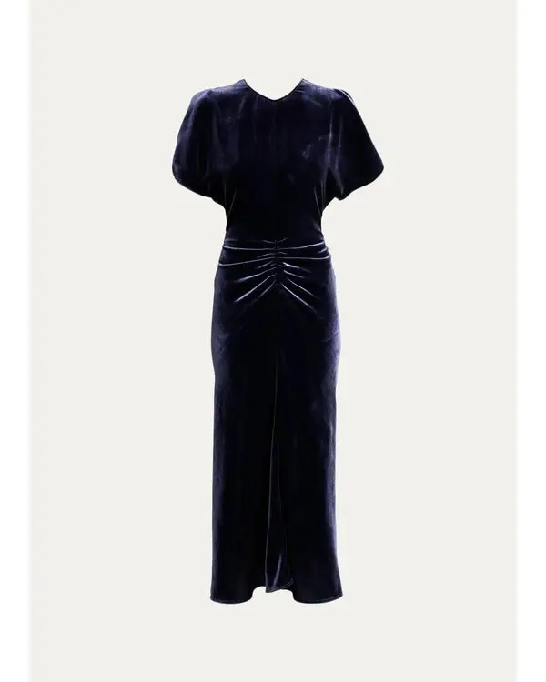 Victoria Beckham Bela Ruched Velvet Midi Dress