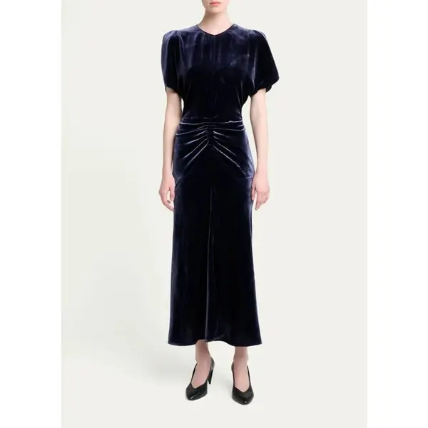 Victoria Beckham Bela Ruched Velvet Midi Dress