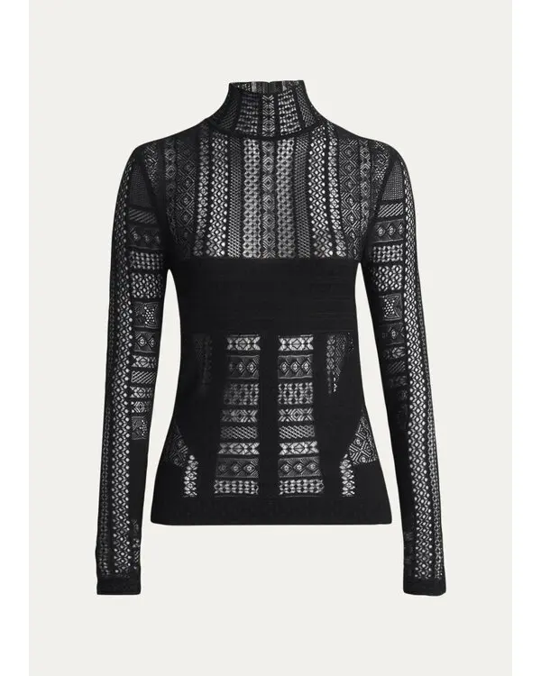 Alexander McQueen Mixed Lace Long-sleeve Turtleneck Top