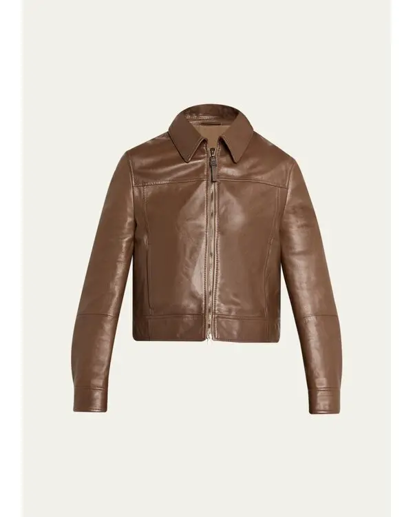 Brunello Cucinelli Leather Cropped Jacket - Chestnut