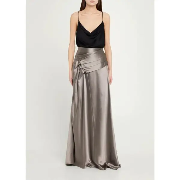 HEIRLOME Yvonne Pleat Draped Crepe Back Satin Maxi Skirt - Pewter