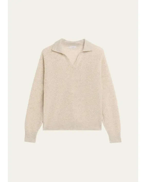 Brunello Cucinelli Shimmering Mohair Net Knit Polo Sweater