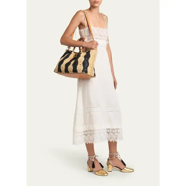 Valentino Garavani Medium Wavy Striped Viscose Raffia Tote Bag
